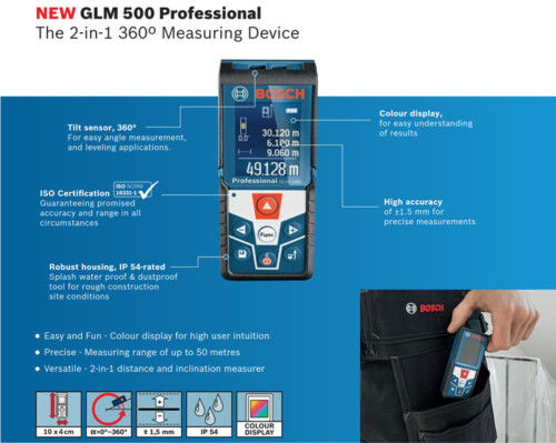 Bosch GLM 500 - 50m Range Color Display Distance Meter +360° Sensor