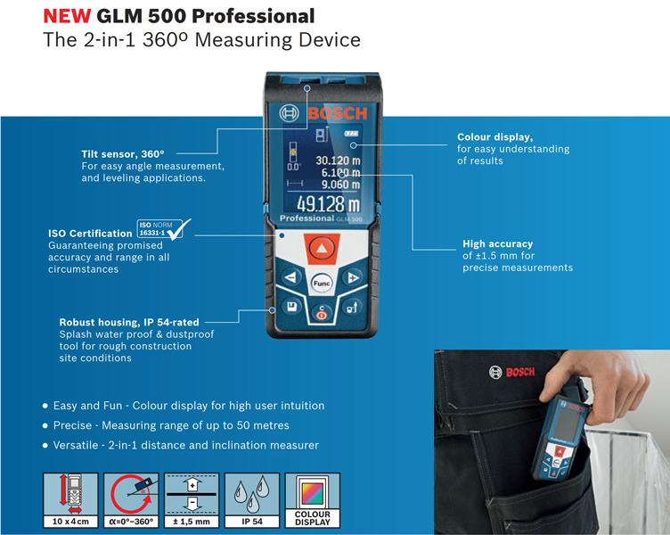 Bosch GLM 500 - 50m Range Color Display Distance Meter +360° Sensor