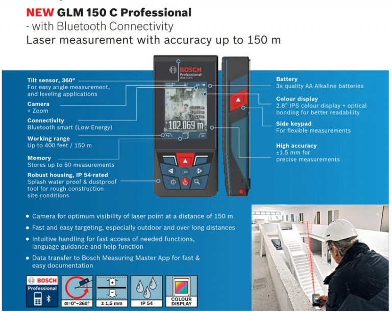 Bosch GLM 150C - 150m Range Outdoor Distance Meter +360° Sensor