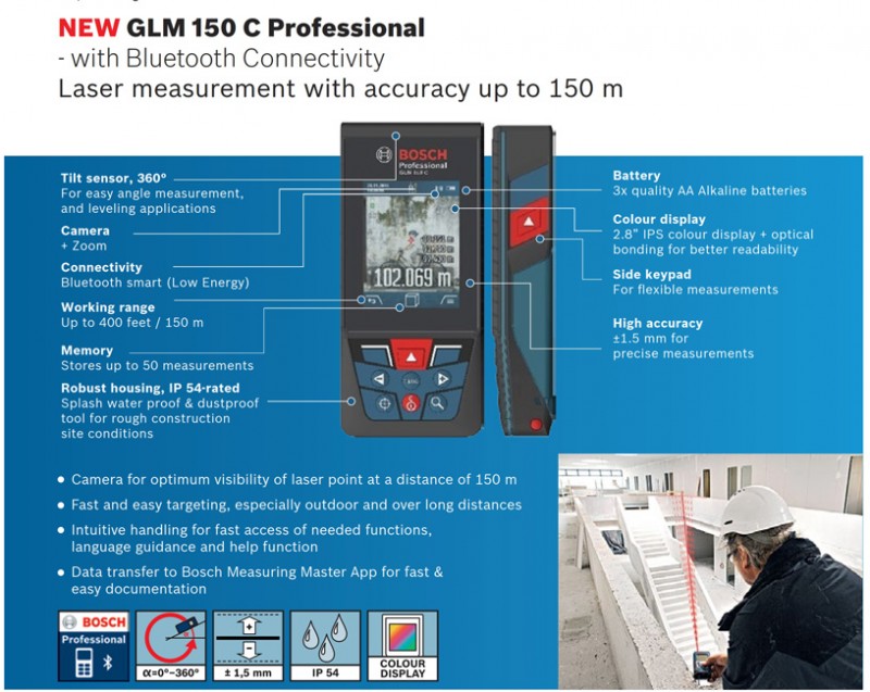 Bosch GLM 150C - 150m Range Outdoor Distance Meter +360° Sensor
